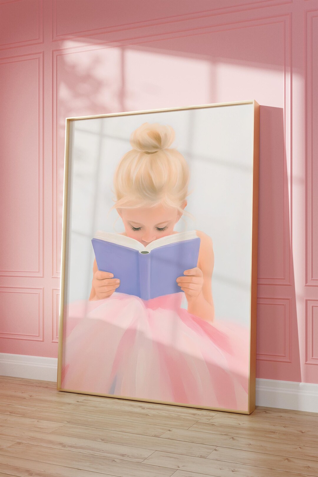 Little Blonde Girl Reading Print | Pink Girls Bedroom Wall Art | Pastel ...