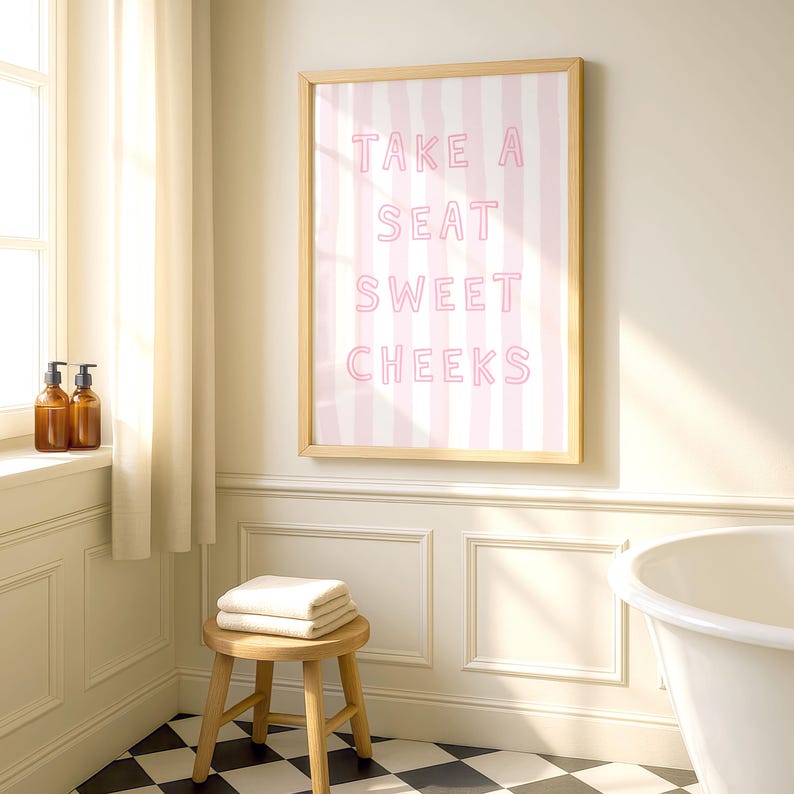 Take A Seat Sweet Cheeks Bathroom Print, Pink Funny Bathroom Wall Art ...