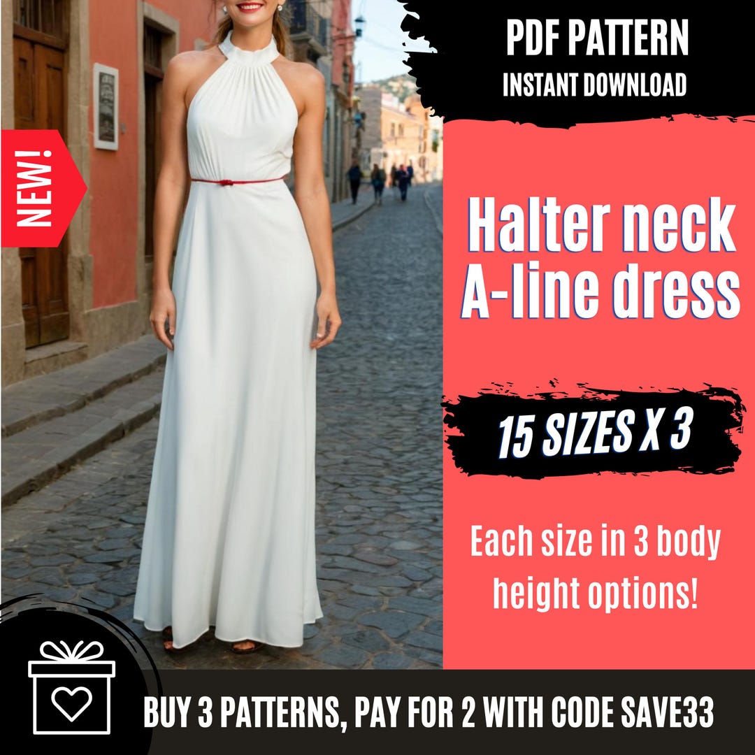 A-line Dress Sewing Pattern | Women Sewing Pattern | Halter Neck Dress Pattern | Long Dress ...