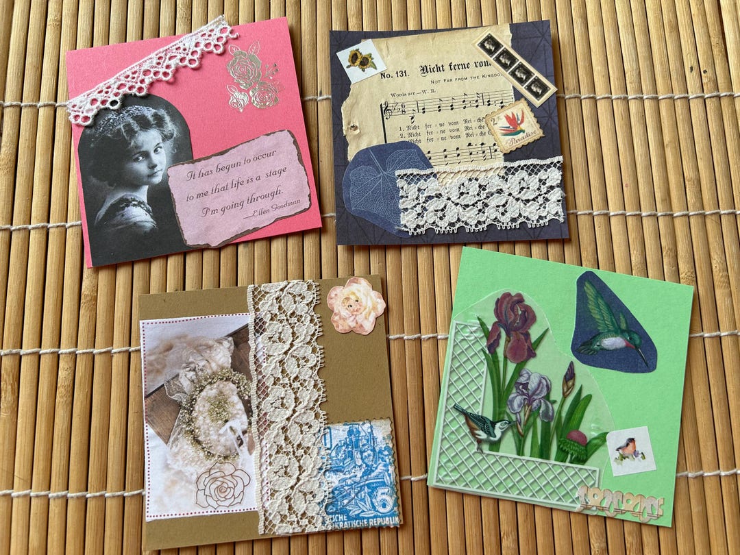 4 Original Collaged Junk Journal Cards/multi Colored Cards/mixed Media ...