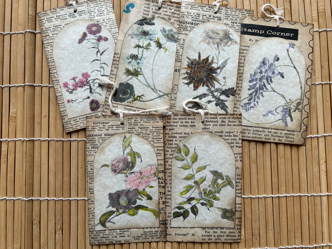 6 Hand Embellished Junk Journal Tags/vintage Newsprint/writing ...