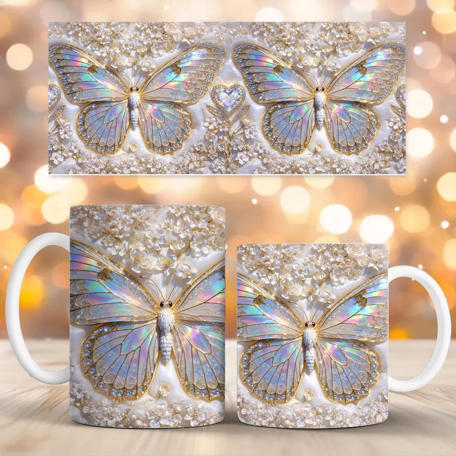 White Butterfly Mug Wrap PNG, 3d Floral Butterfly Cup Design, 11oz ...