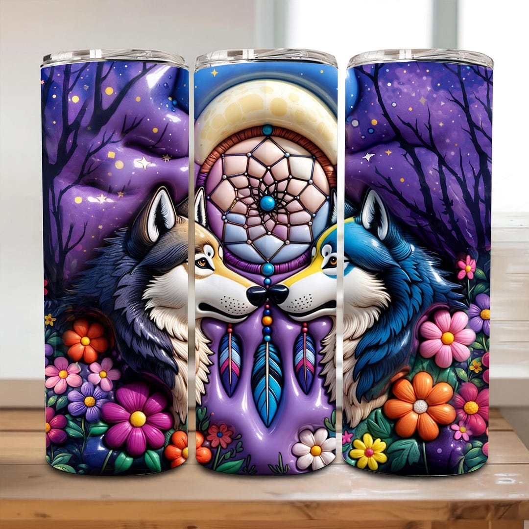 Inflated Wolf Tumbler Wrap PNG, 3D Wolves Moon Dream Catcher 20oz ...