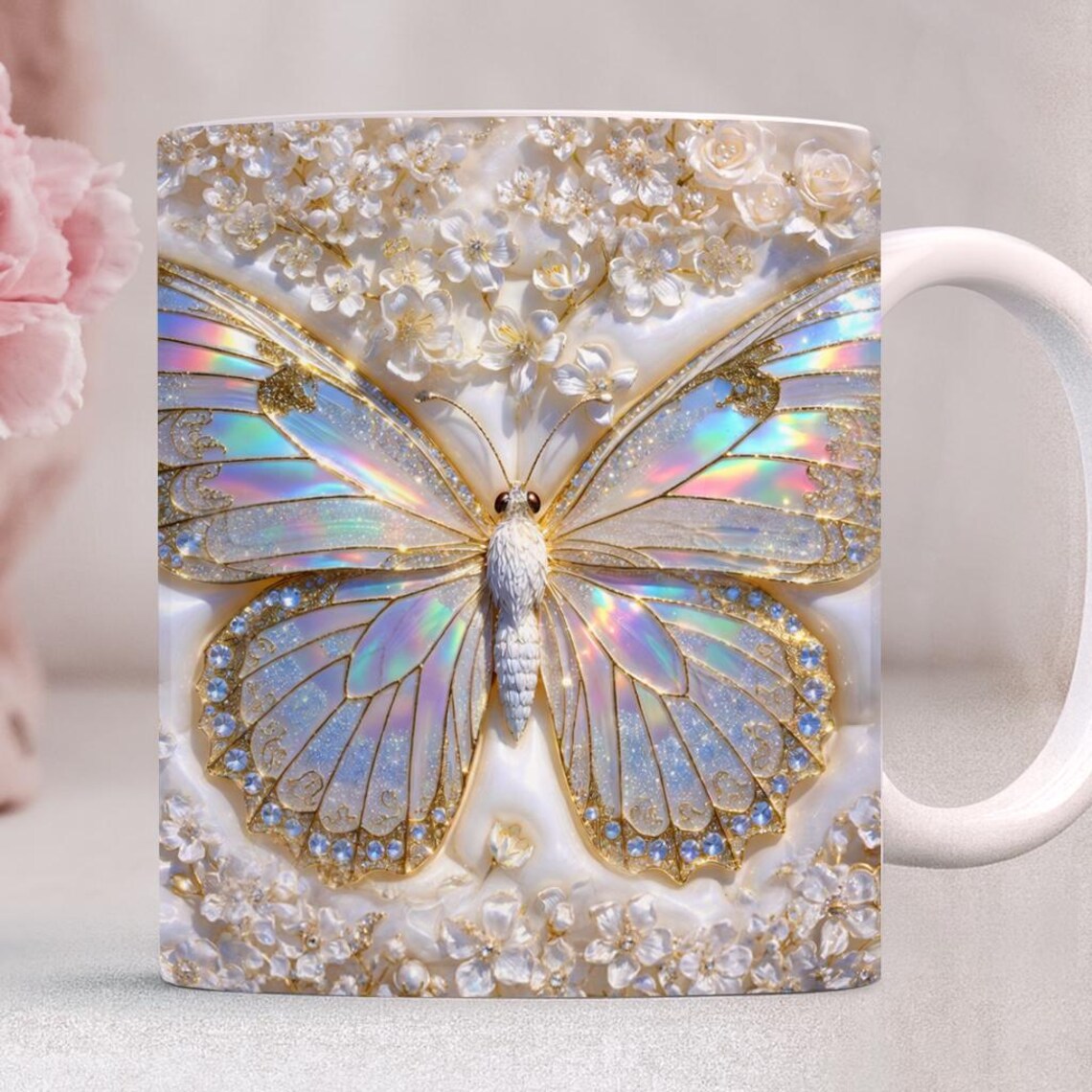 White Butterfly Mug Wrap PNG, 3d Floral Butterfly Cup Design, 11oz ...