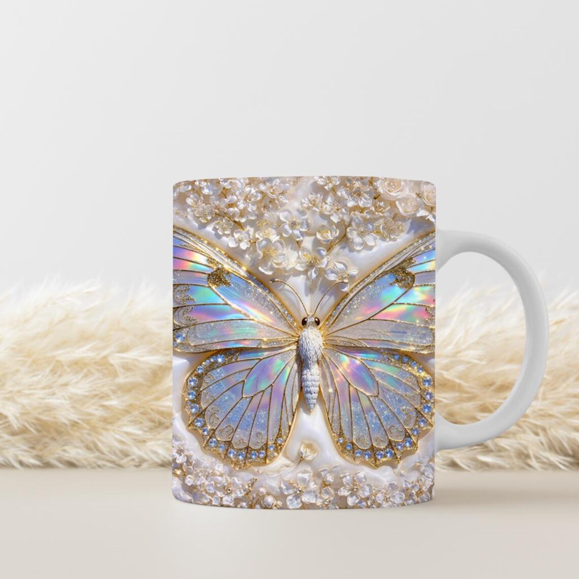 White Butterfly Mug Wrap PNG, 3d Floral Butterfly Cup Design, 11oz ...