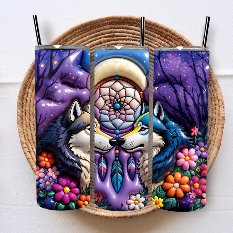 Inflated Wolf Tumbler Wrap PNG, 3D Wolves Moon Dream Catcher 20oz ...