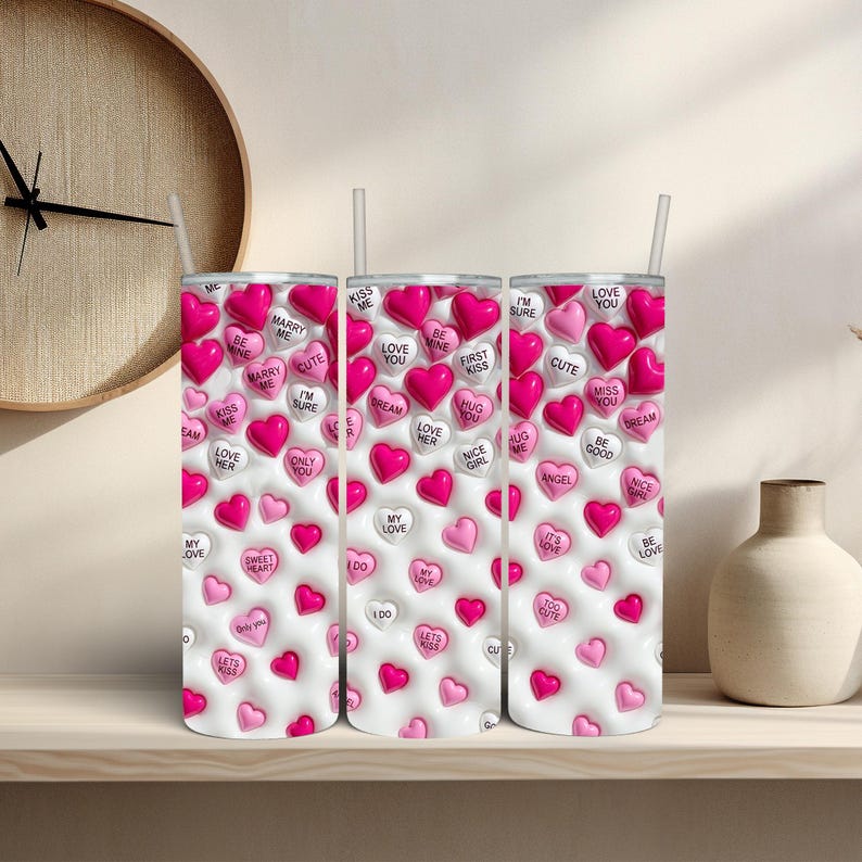 Inflated Valentine Hearts Tumbler Wrap PNG, 3d Conversation Hearts ...