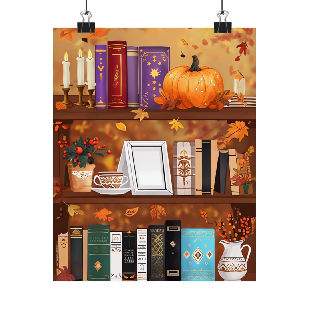 Autumn Shelf Decor Posters, Cozy Fall Art Print, Book Lover Poster ...