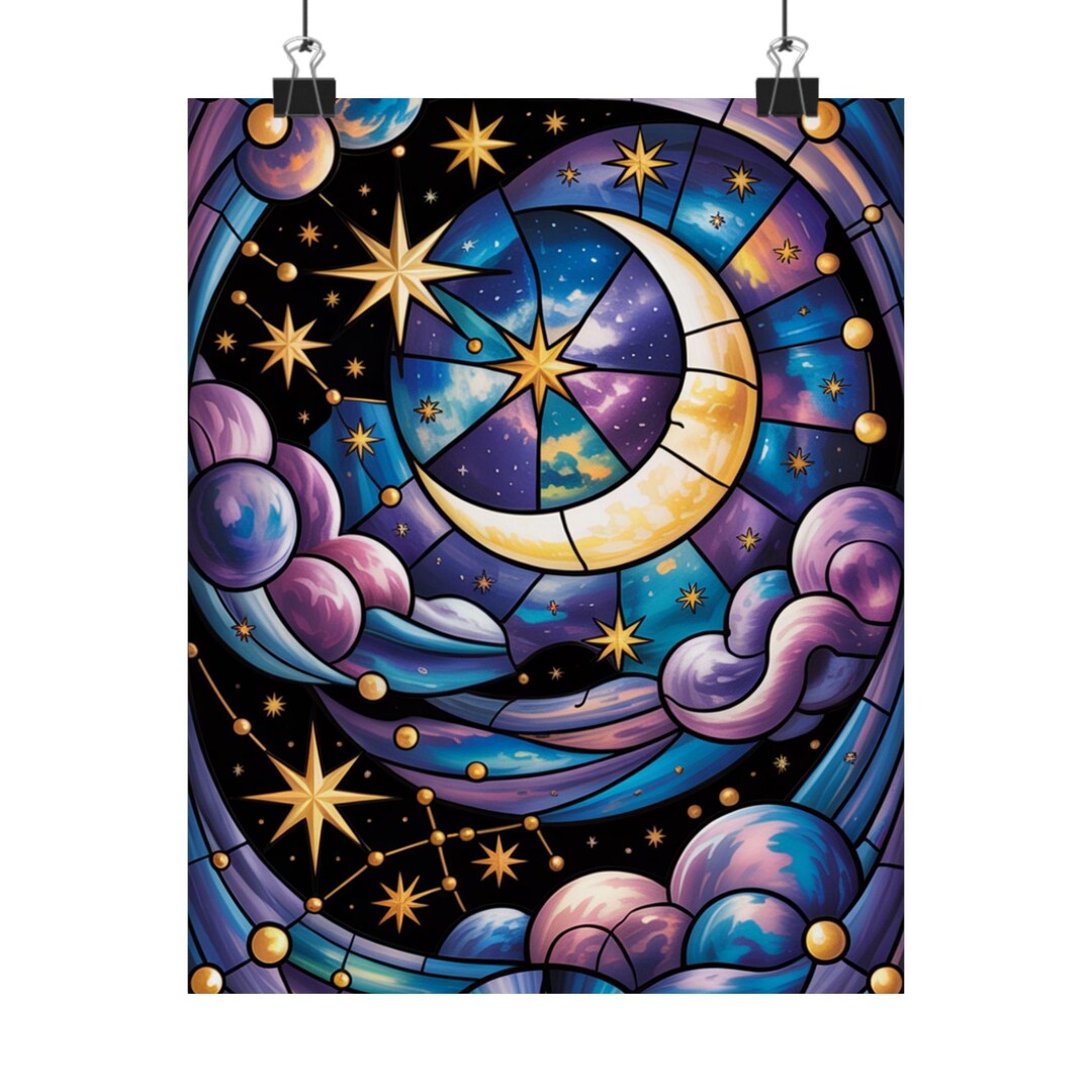 Celestial Matte Poster, Stained Glass Moon Stars Wall Art, Cosmic ...