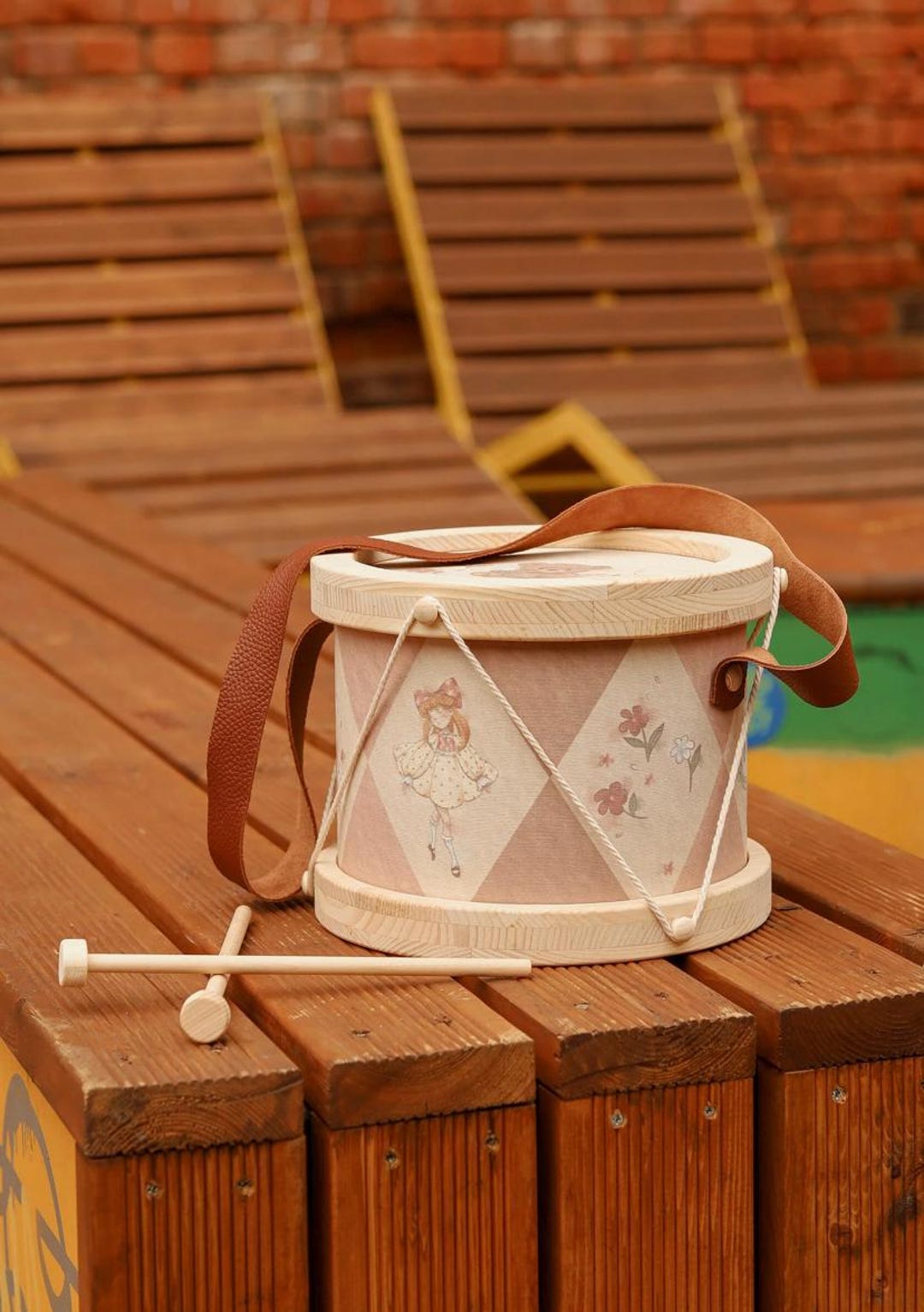 Pink Wooden Drum for Girls and Boys– Montessori Musical Toy, Nursery ...