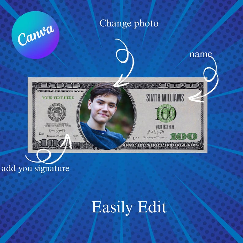 Personalized Dollar Bill Template, Picture on Dollar, Custom Dollar ...