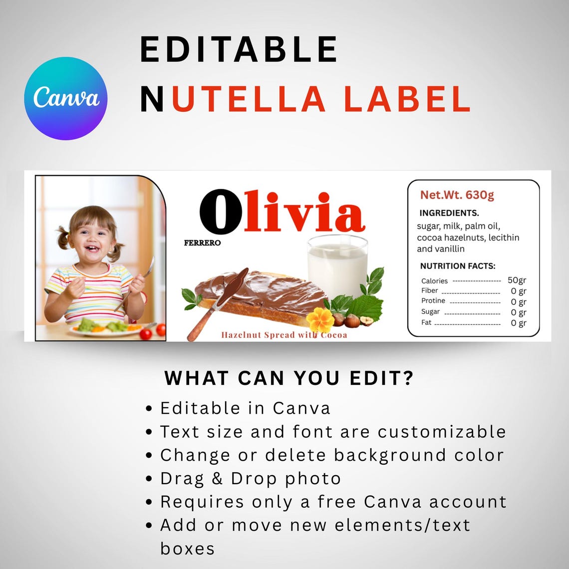 Personalized Nutella Jar Labels, Custom Hazelnut Spread Labels ...