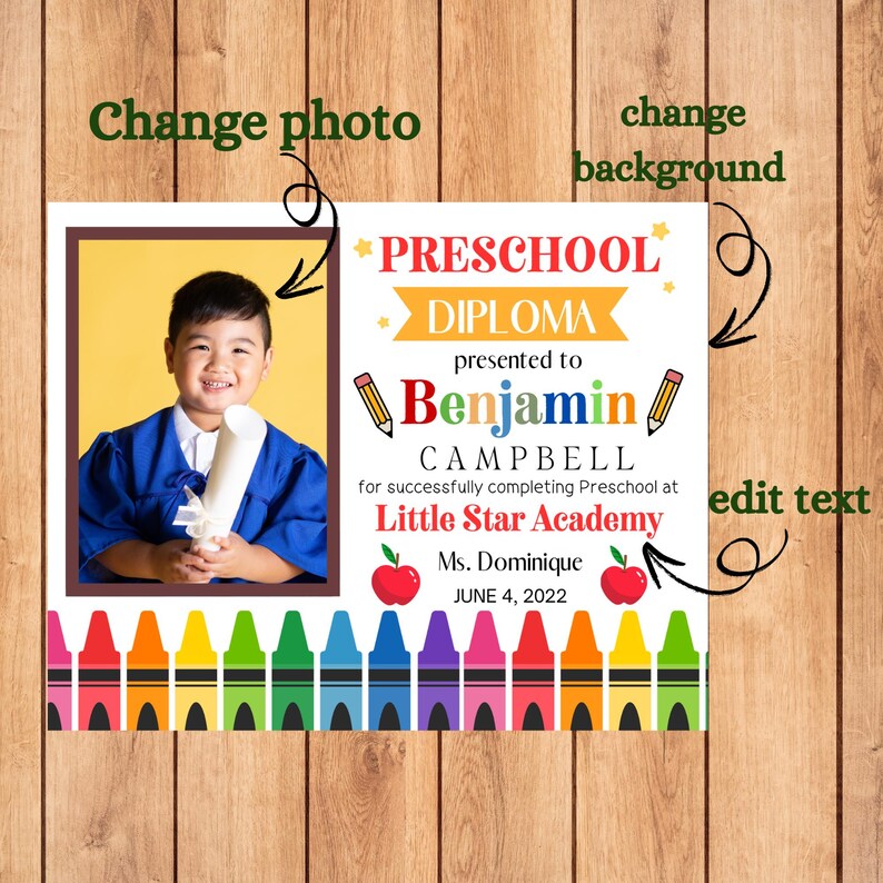Editable Preschool Diploma With Photo, Graduation Certificate ...