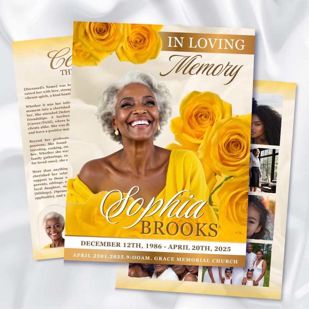 Yellow Roses Funeral Program Template: Gold Obituary Booklet (canva ...