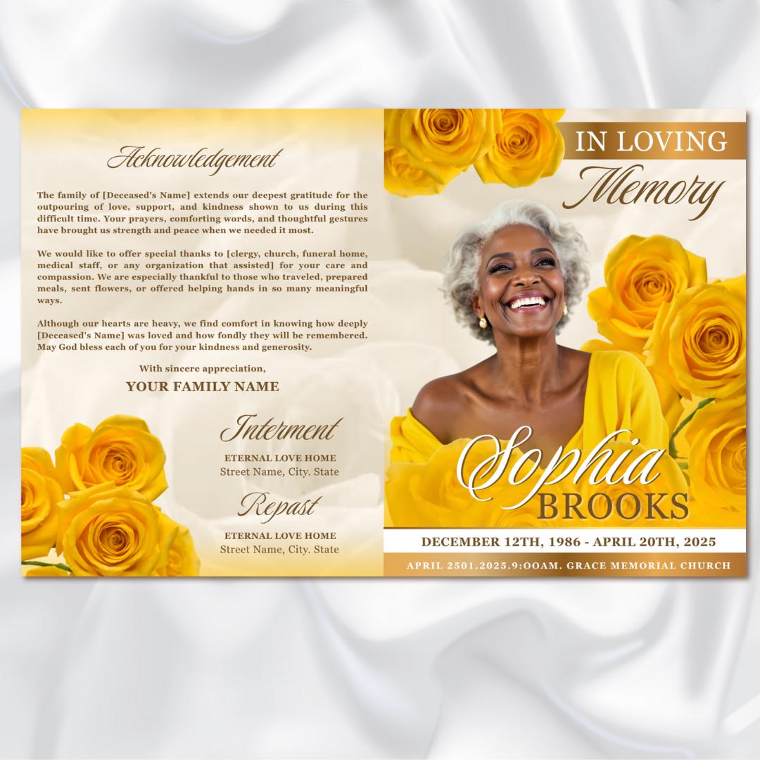 Yellow Roses Funeral Program Template: Gold Obituary Booklet (canva ...