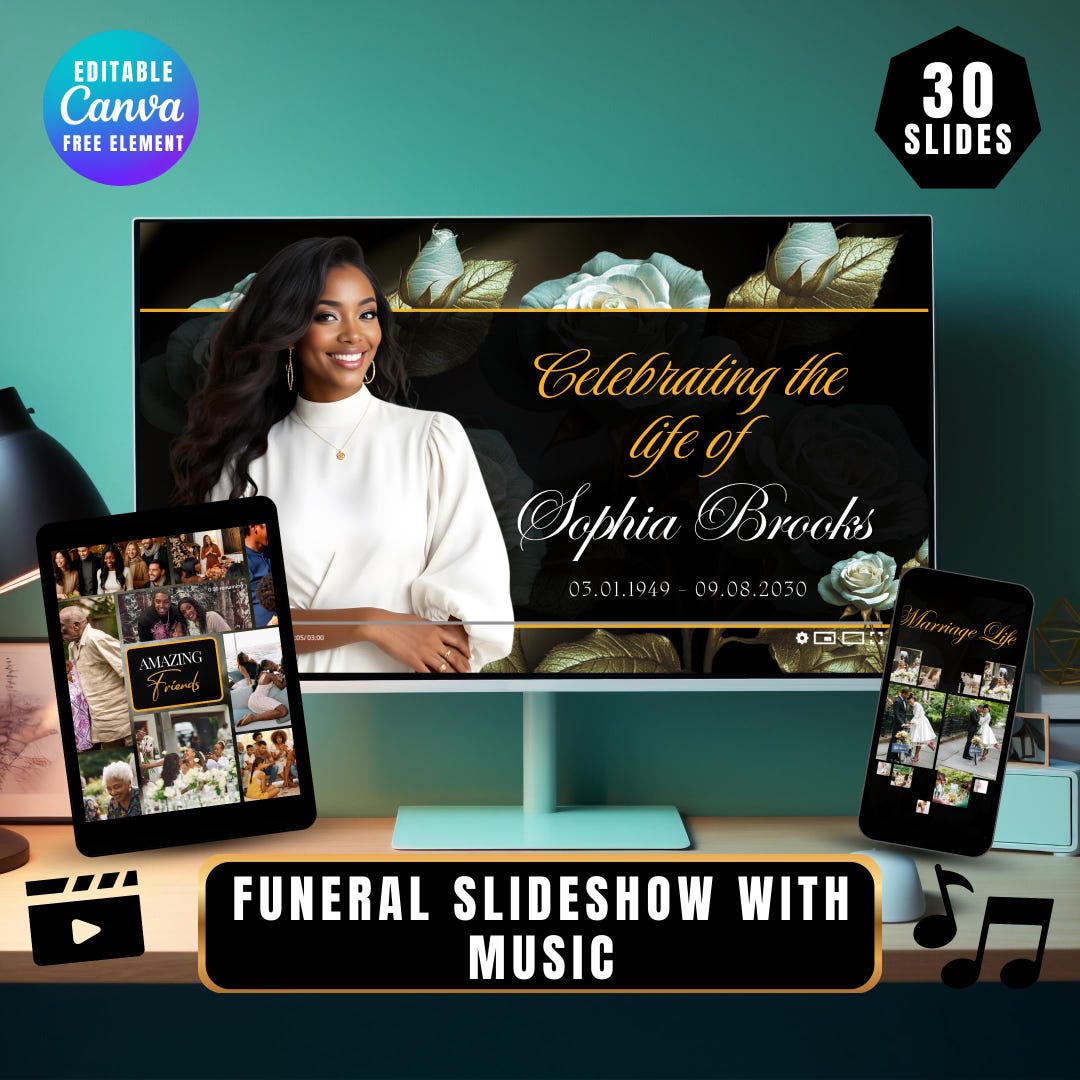 Black & Gold Funeral Slideshow Template, Celebration of Life (canva, 30 ...