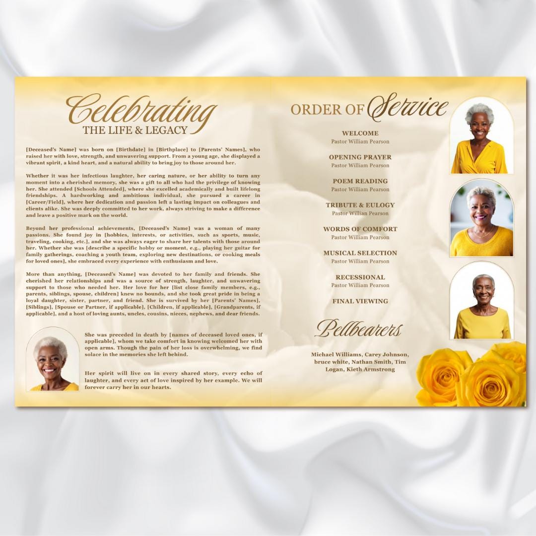 Yellow Roses Funeral Program Template: Gold Obituary Booklet (canva ...