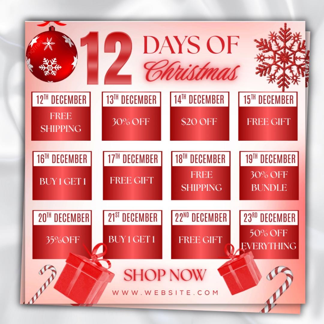 12 Days of Christmas Sale Flyer, Social Media Template (canva, 8x8) - Etsy