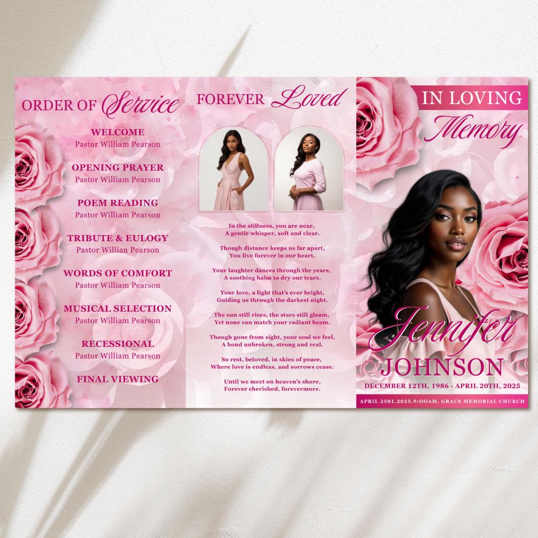 Pink Roses Funeral Program Template: Celebration of Life (17" X 11 ...