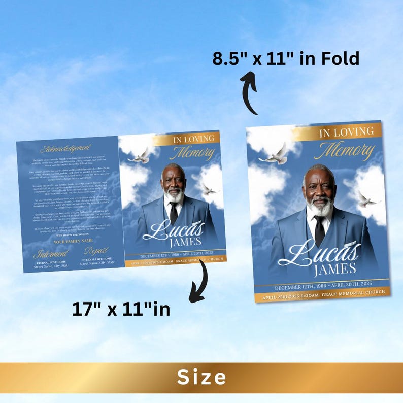 Blue & Gold Funeral Program Template: 8-page Memorial (canva, Digital ...