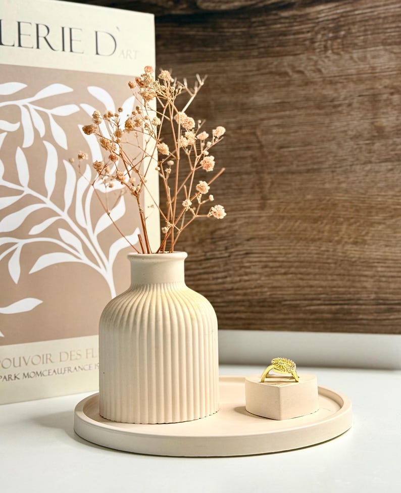Minimalist Vase & Tray Set – Modern Home Decor, Gypsum Candle Holder ...