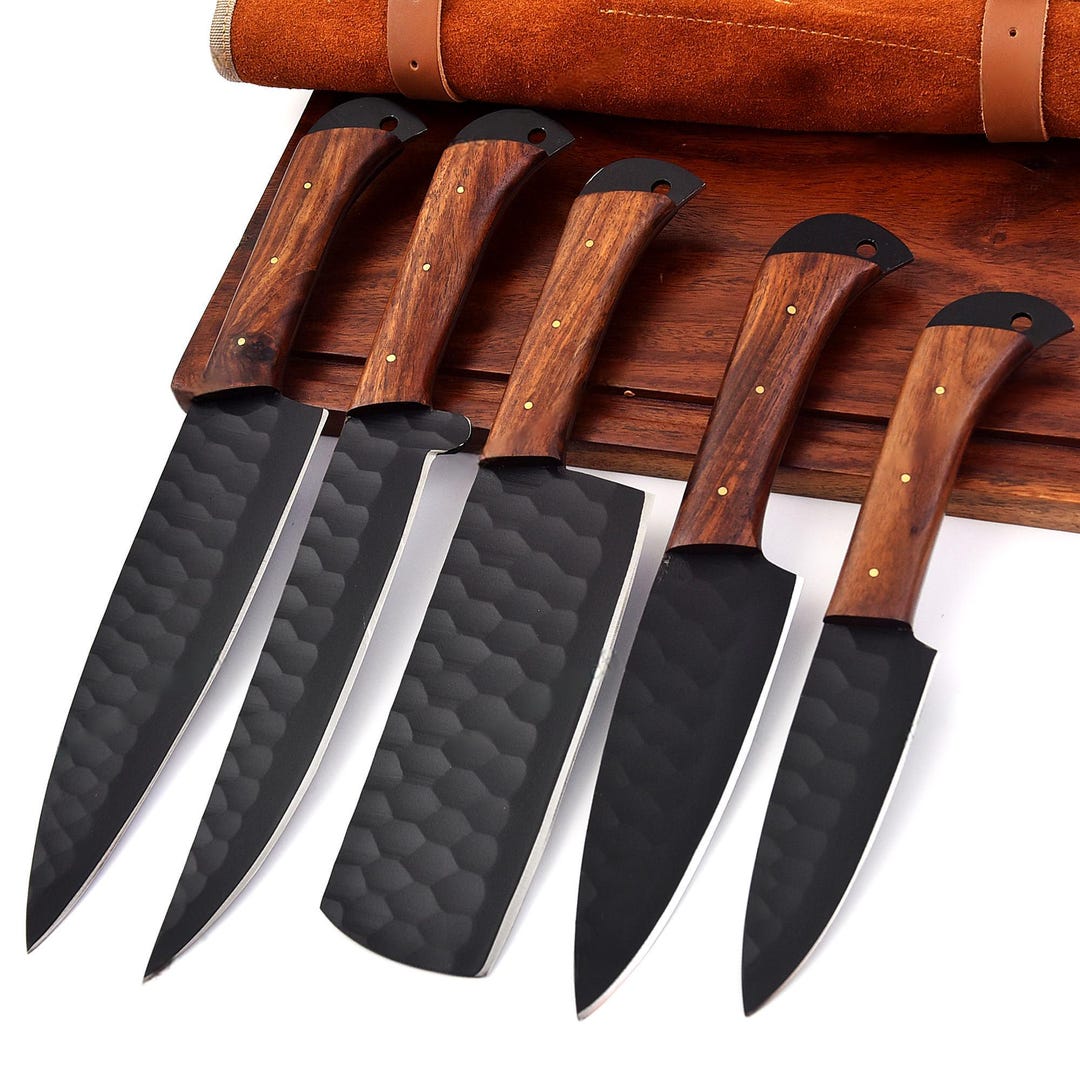 5 Pcs BBQ CHEF SET With Leather Carry Bag, Handmade Damascus Chef Sets ...