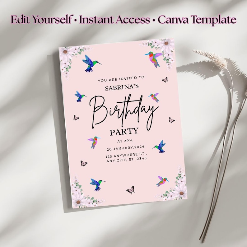 Editable Hummingbird Birthday Invitation Template | Floral Bird Theme ...