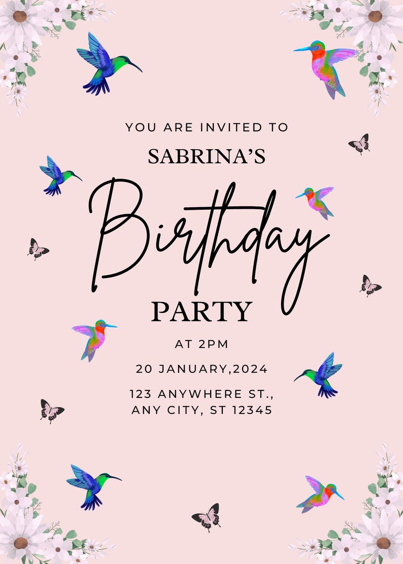 Editable Hummingbird Birthday Invitation Template | Floral Bird Theme ...