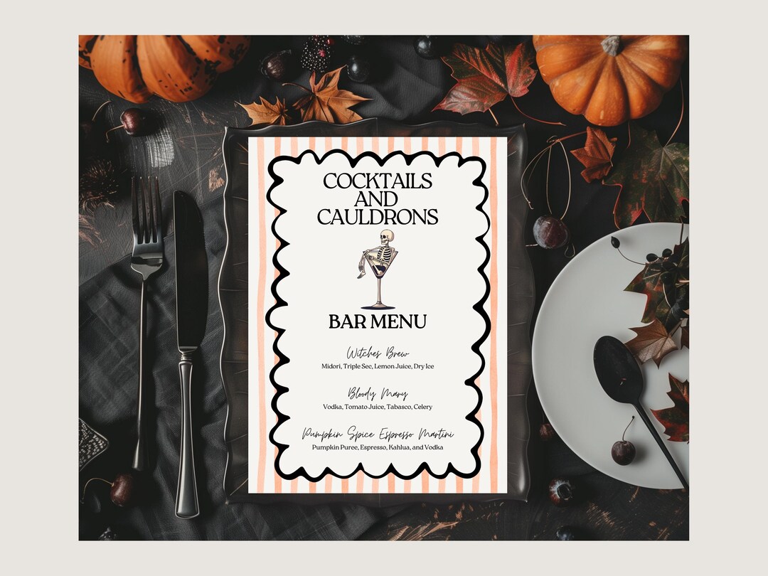 Halloween Bar Menu Template, Cocktails and Cauldrons, Skeleton ...