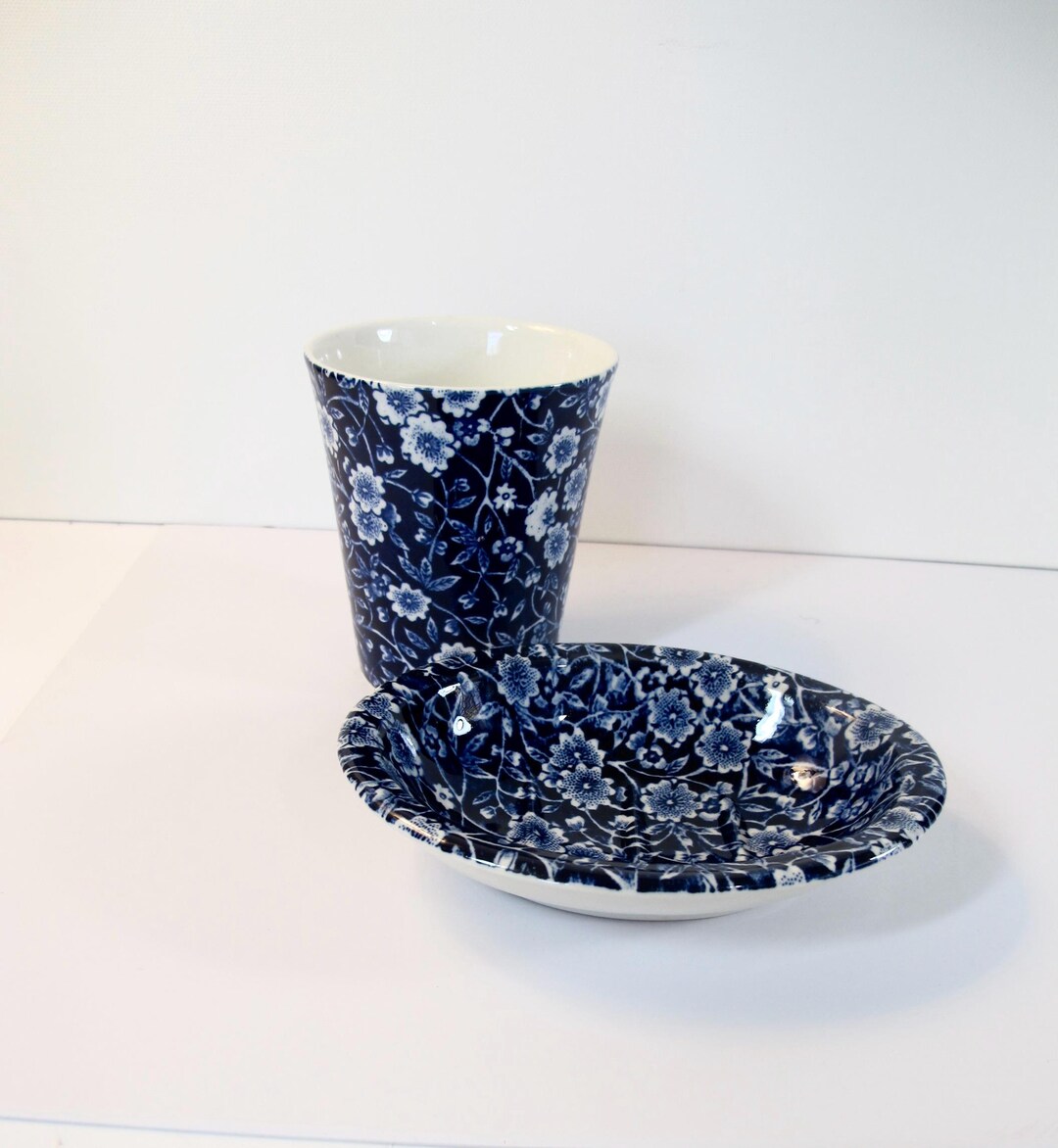 Burleigh Ware Blue Calico Tumbler and Soap Dish Set Farmhouse Kitchen C ...