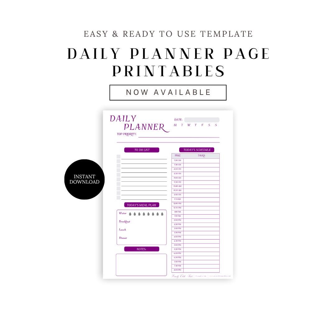 Purple Daily Planner Printable: Color Schedule, Goal Tracker (PDF ...