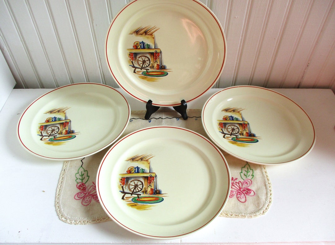 Vintage Porcelain Colorful Spinning Wheel Hearth and Home Dinner Plates ...
