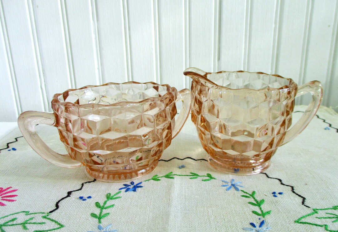 Vintage Pink Jeannette Depression Glass Cubist Pattern Sugar and ...