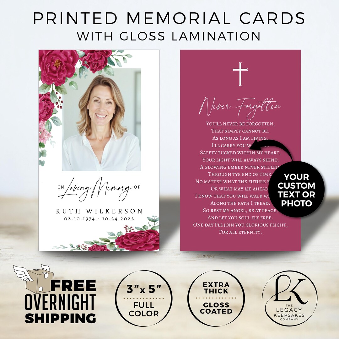 PRINTED Memorial Cards, Prayer Cards, 3"x5", Floral, Pink, Flowers ...