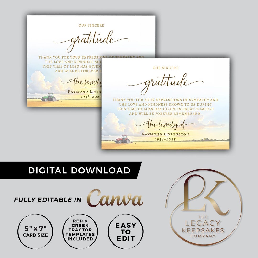 Farmer Funeral Thank You Card Template: Green or Red Tractor (5x7 ...