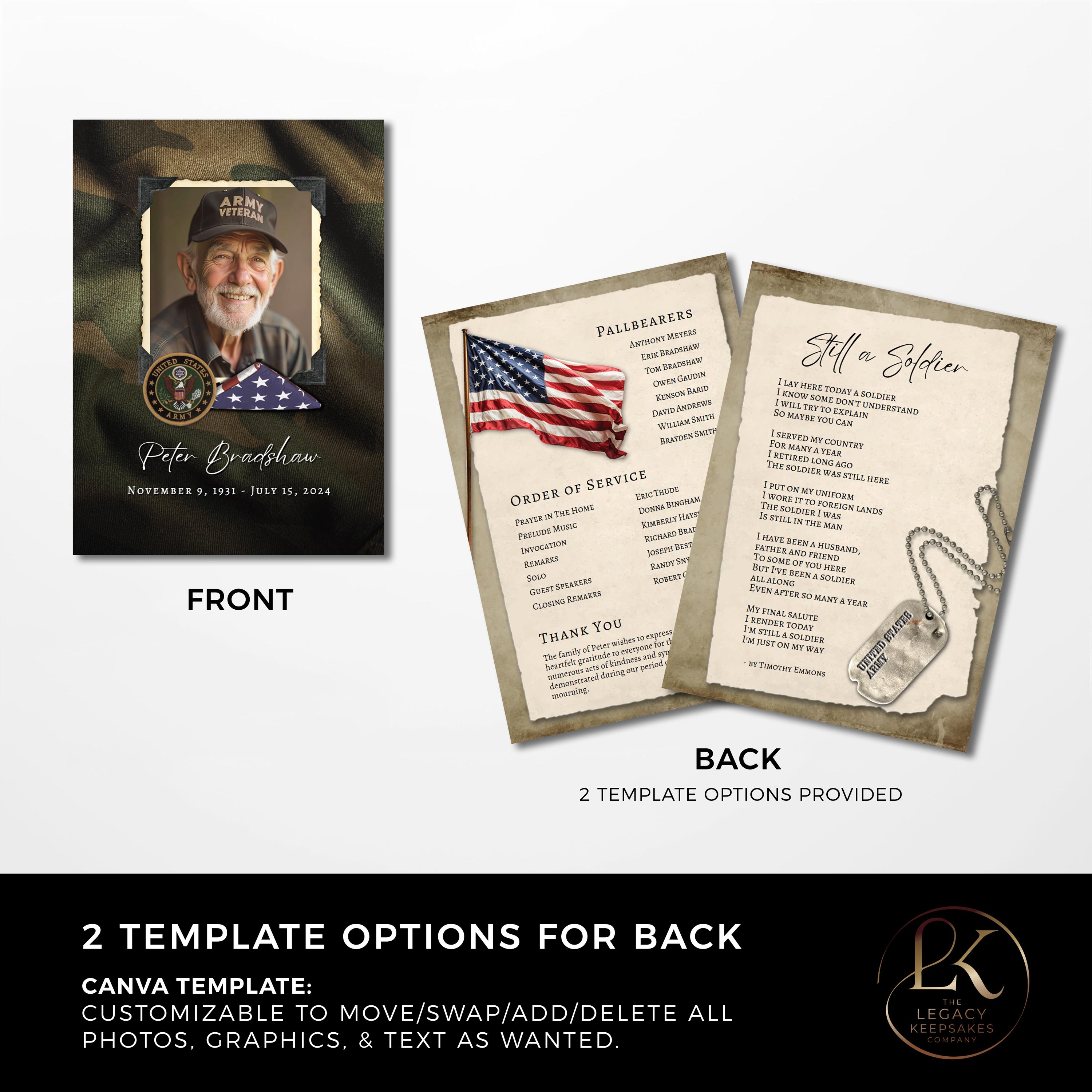 Army Veteran Memorial Card Template: Editable Funeral Program (digital ...