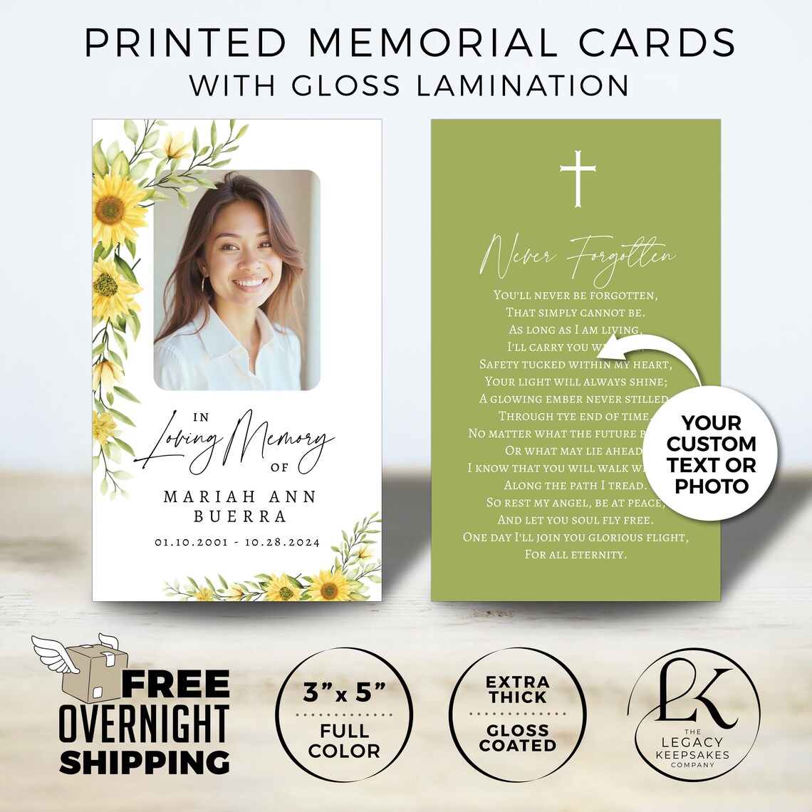 PRINTED Memorial Cards, Prayer Cards, 3"x5", Floral, Yellow, Sunflowers ...