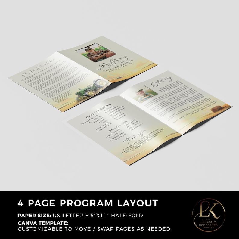 Farmer Memorial Program Template, Digital, Editable in Canva, US Letter ...
