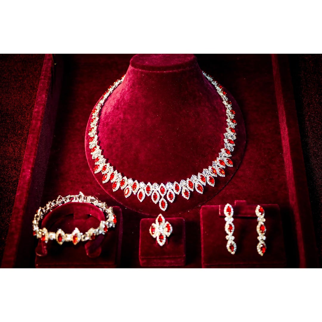 Red Crystals Jewelry Set: Vintage Ruby Wedding Necklace, Bracelet ...