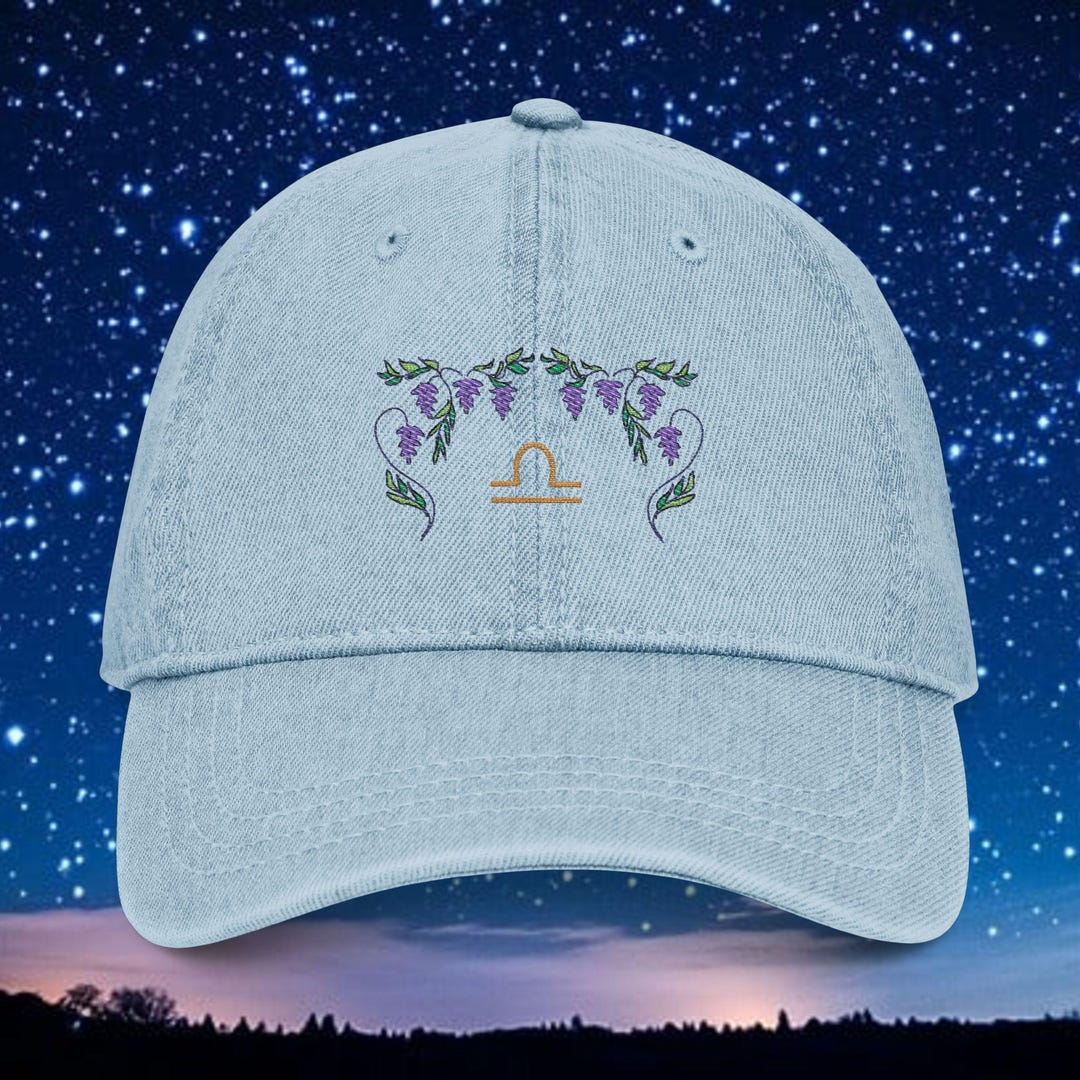 Libra Zodiac Embroidered Denim Hat | Floral Astrology Dad Cap ...