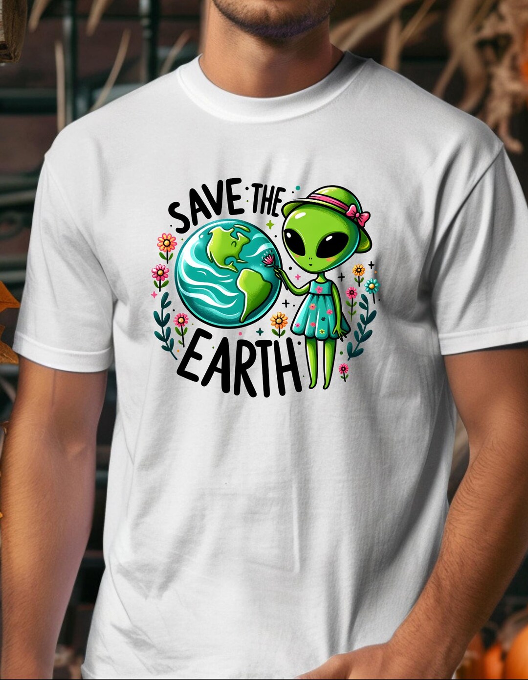 Cute Alien Save the Earth T-shirt, Eco-friendly Graphic Tee for Planet ...
