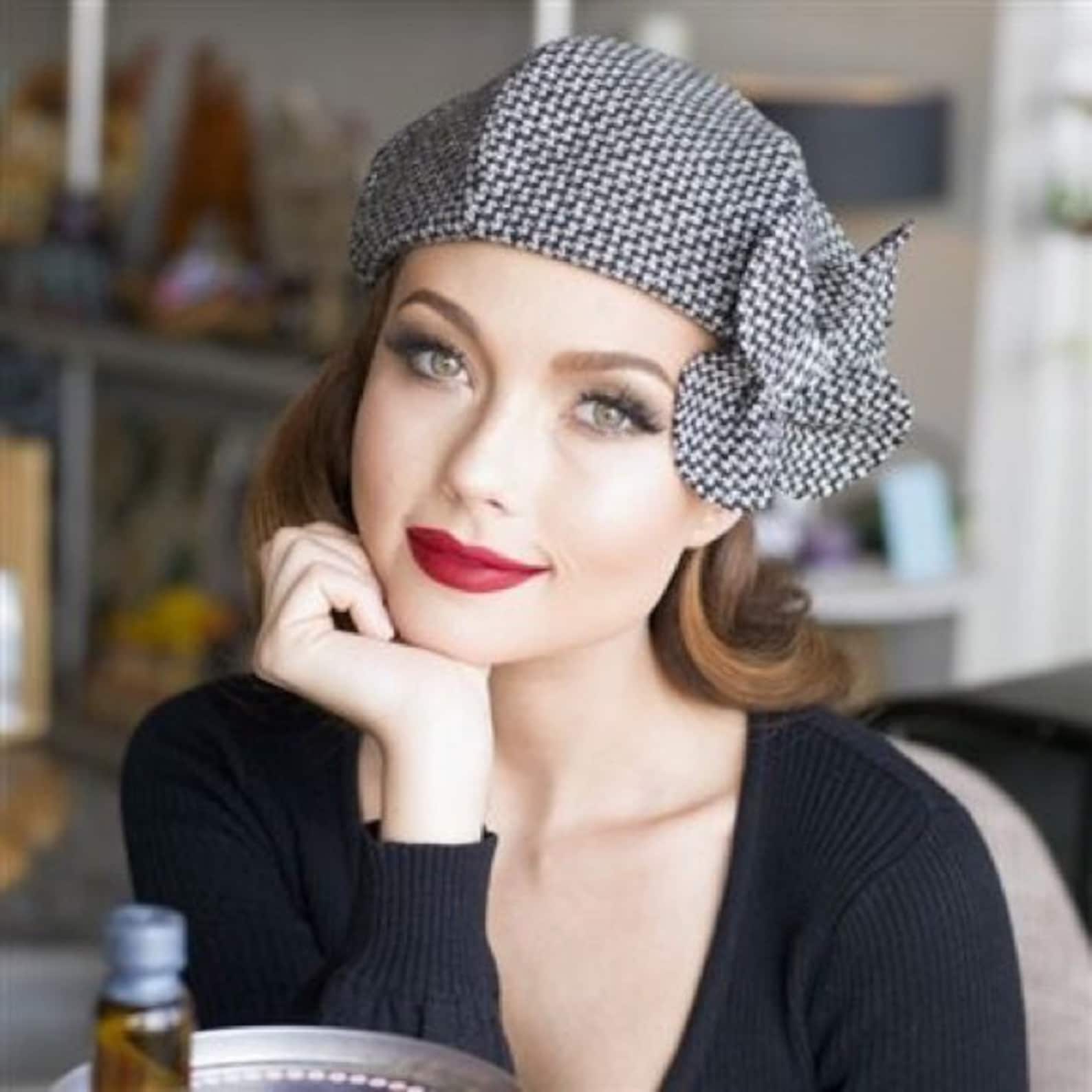 Beret Hat Flower, Beret Herringbone Wool, Plaid Beret Hat, Tweed Beret ...