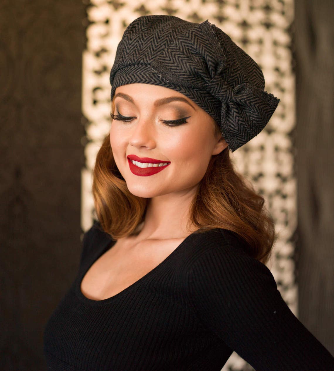 Beret Hat Bow Grey & Black Chevron Striped Wool Beret French - Etsy UK