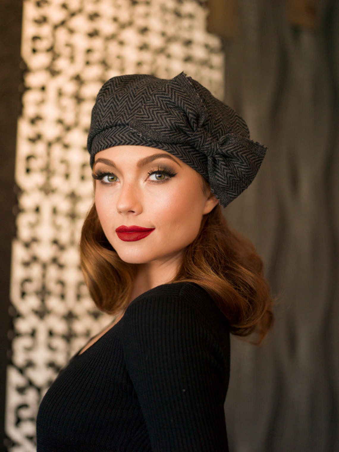 Beret Hat Bow Grey & Black Chevron Striped Wool Beret French | Etsy UK