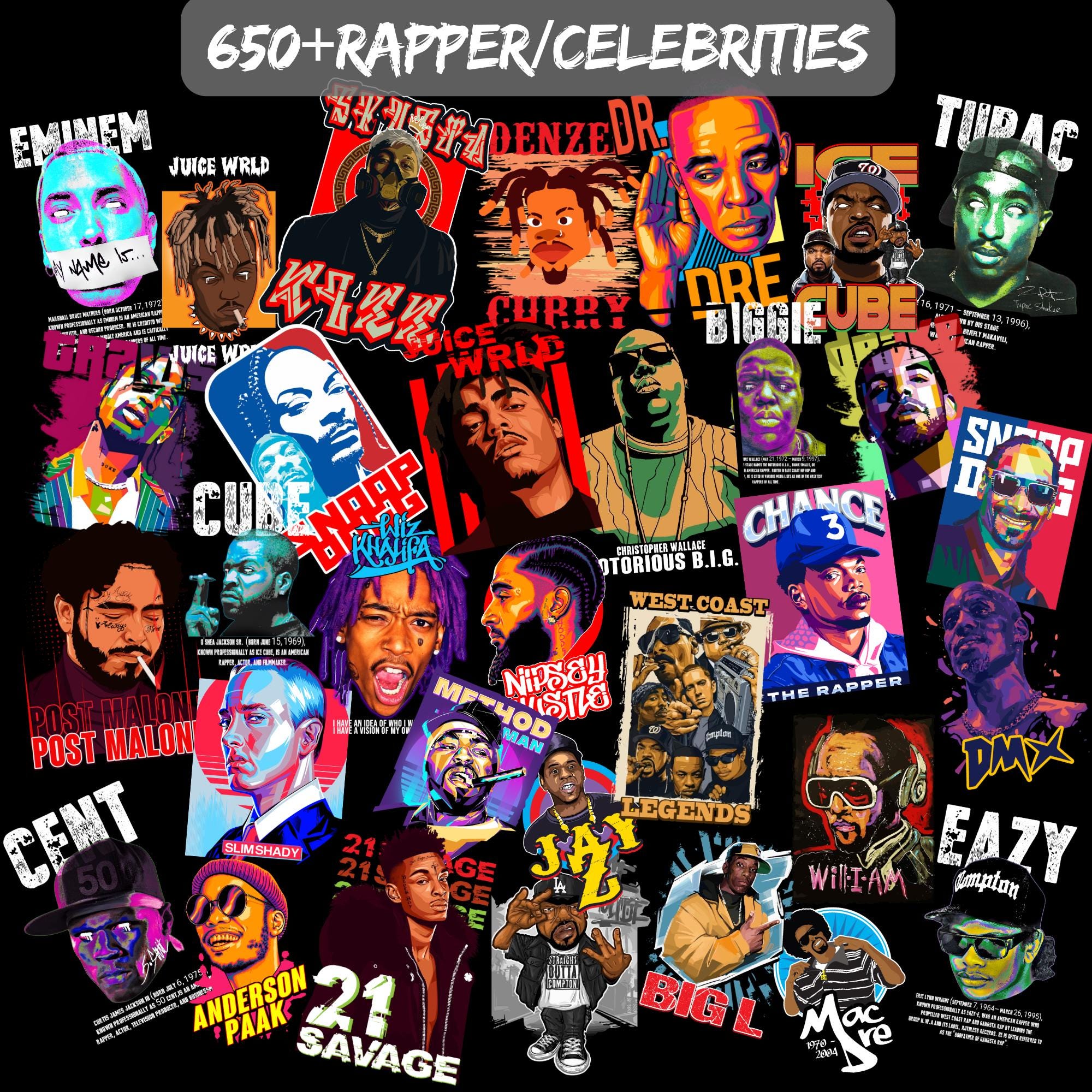 1250 + Rapper T-shirt Designs Png Bundle, Rock Metal Band Halftones ...