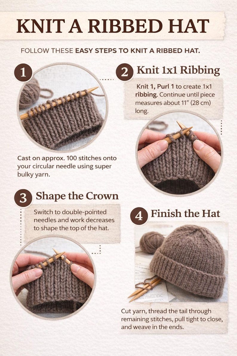 Ribbed Hat Knitting Pattern PDF | Easy Beanie With Folded Brim ...