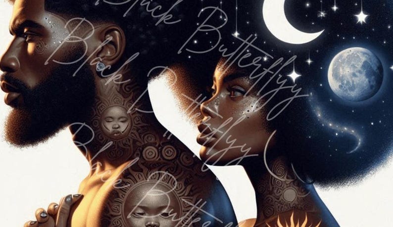 Sun & Moon Afro Love – Celestial Digital Art Print | Afrocentric Couple ...
