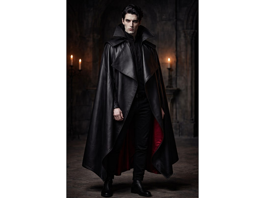 Gothic Vampire Leather Cloak With Red Lining – Unisex Halloween Cosplay ...