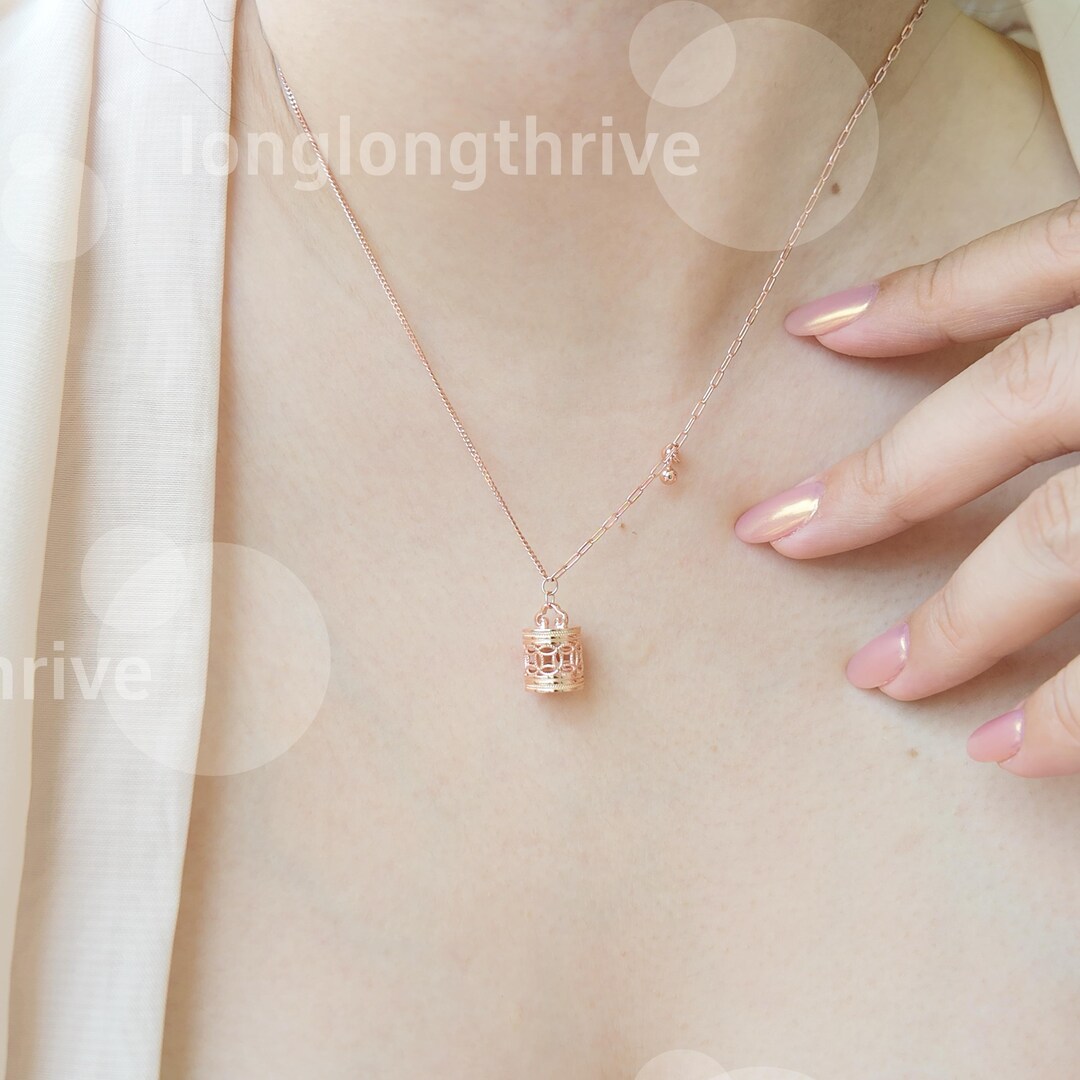 Rose Gold Prayer Box Necklace, Hollow Cylinder Locket Pendant, Vintage ...