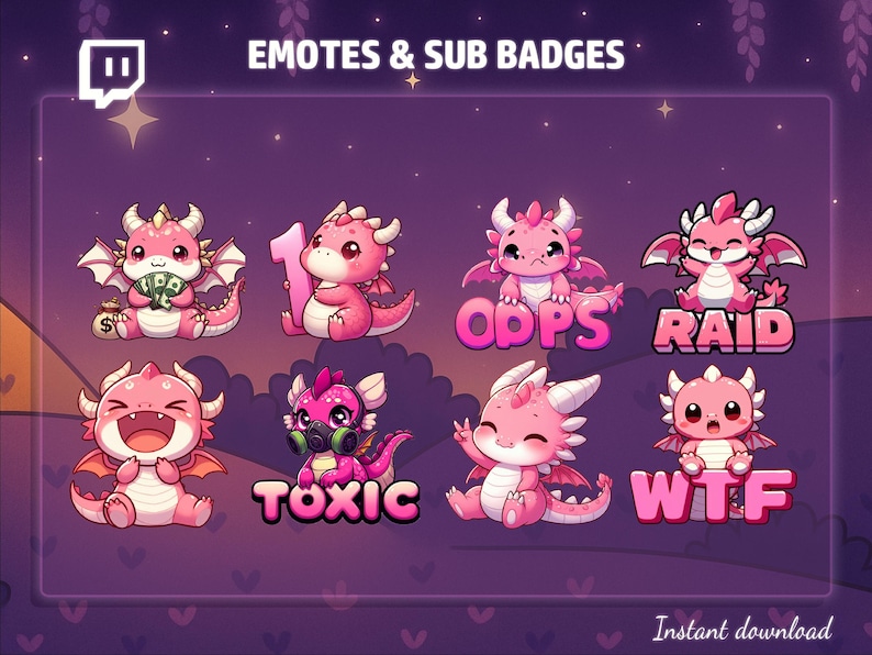 Pink Dragon Twitch Emotes + Fire Sub Badges – 24 Cute Emotes & 9 Tier ...
